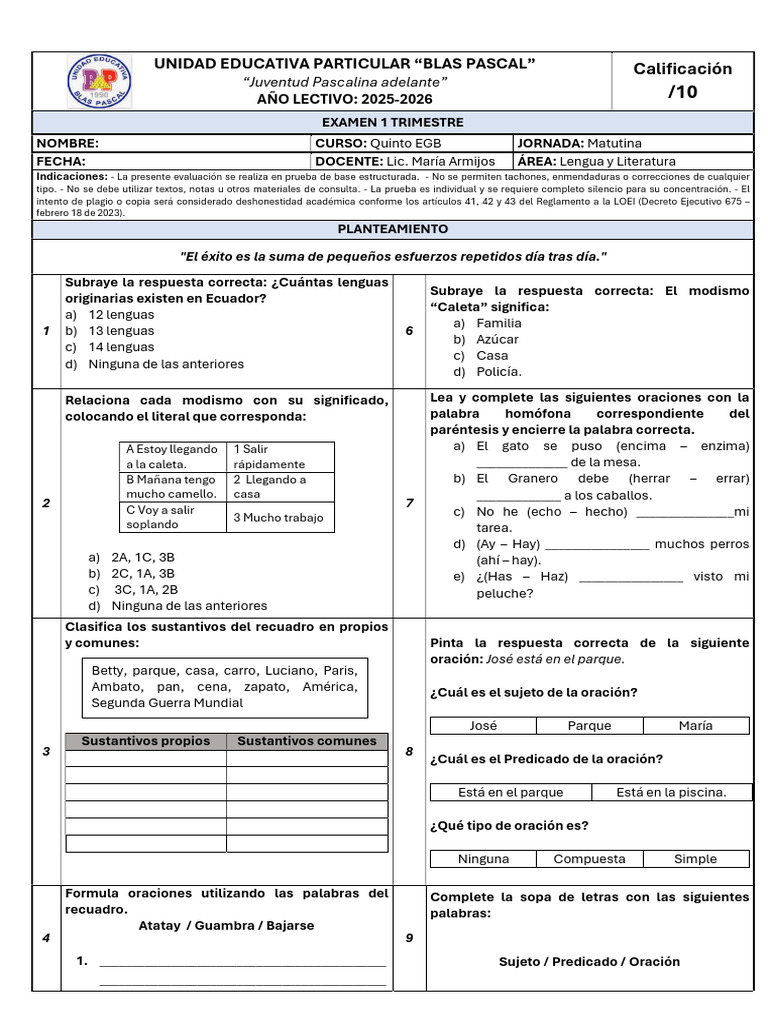 ExamenTrimestre 5EGB LyL 1T | PDF | Lingüística | Gramática