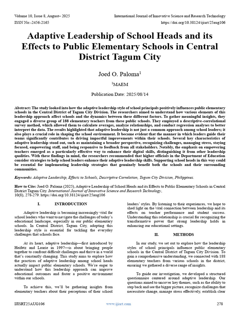 Adaptive Leadership of School Heads and Its Effects To Public ...
