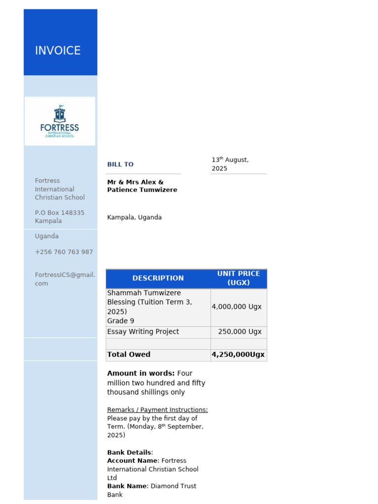 Invoice for Tuition and Project Fees | PDF