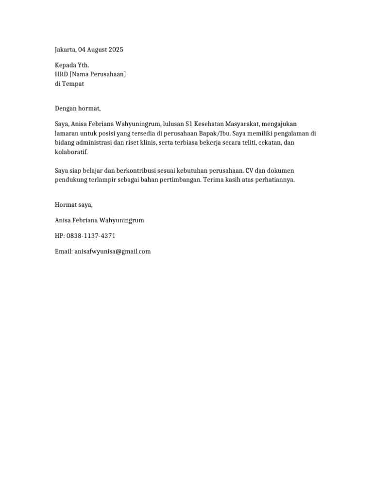 Cover Letter Singkat Anisa Febriana | PDF