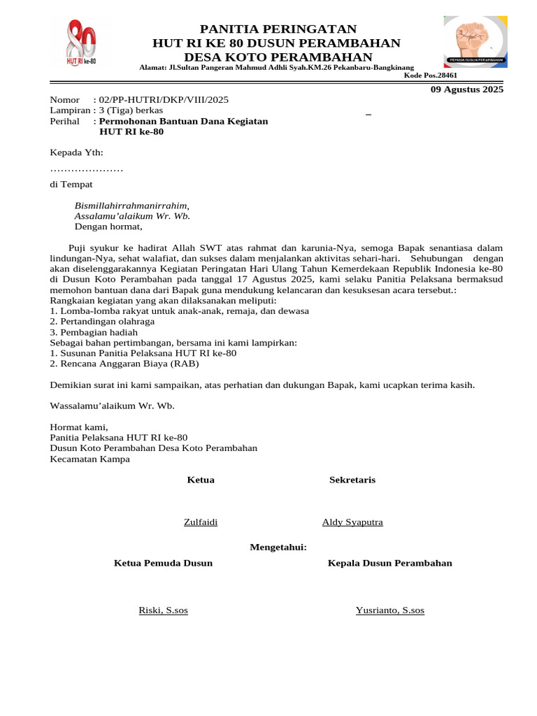 Permohonan Dana HUT RI ke-80 Koto Perambahan | PDF