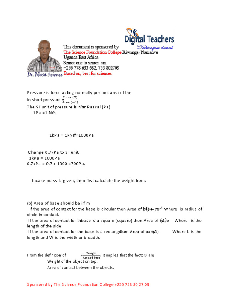 Pressure in Solids and Liquids Explained | PDF | Pressure | Buoyancy