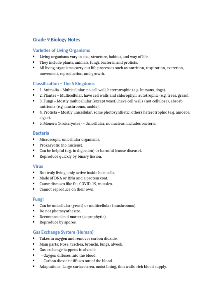 Grade 9 Biology Overview Notes | PDF