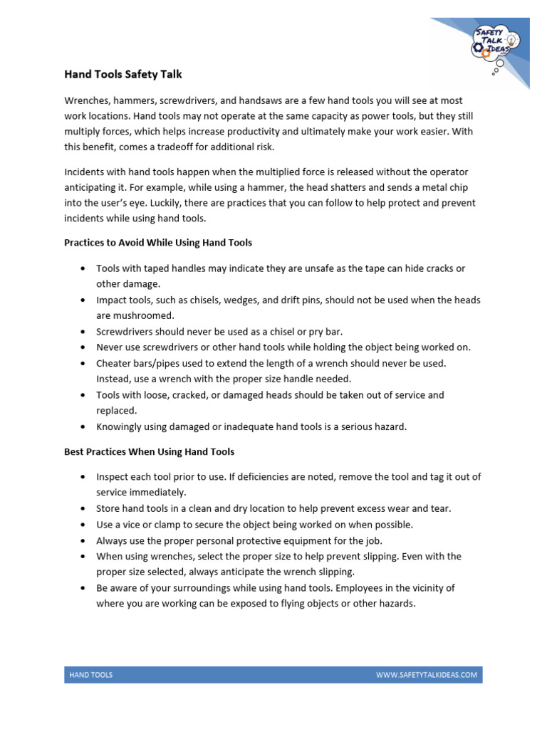 Hand Tool Safety Practices and Risks | PDF | Tools