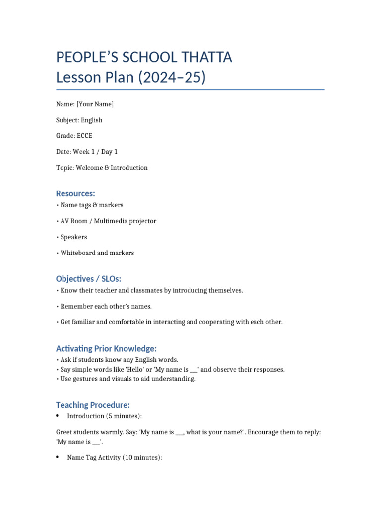 ECCE Lesson Plan Week1 Day1 Welcome | PDF