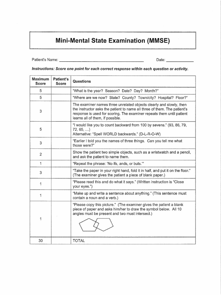 Mini Mental State Exam | PDF