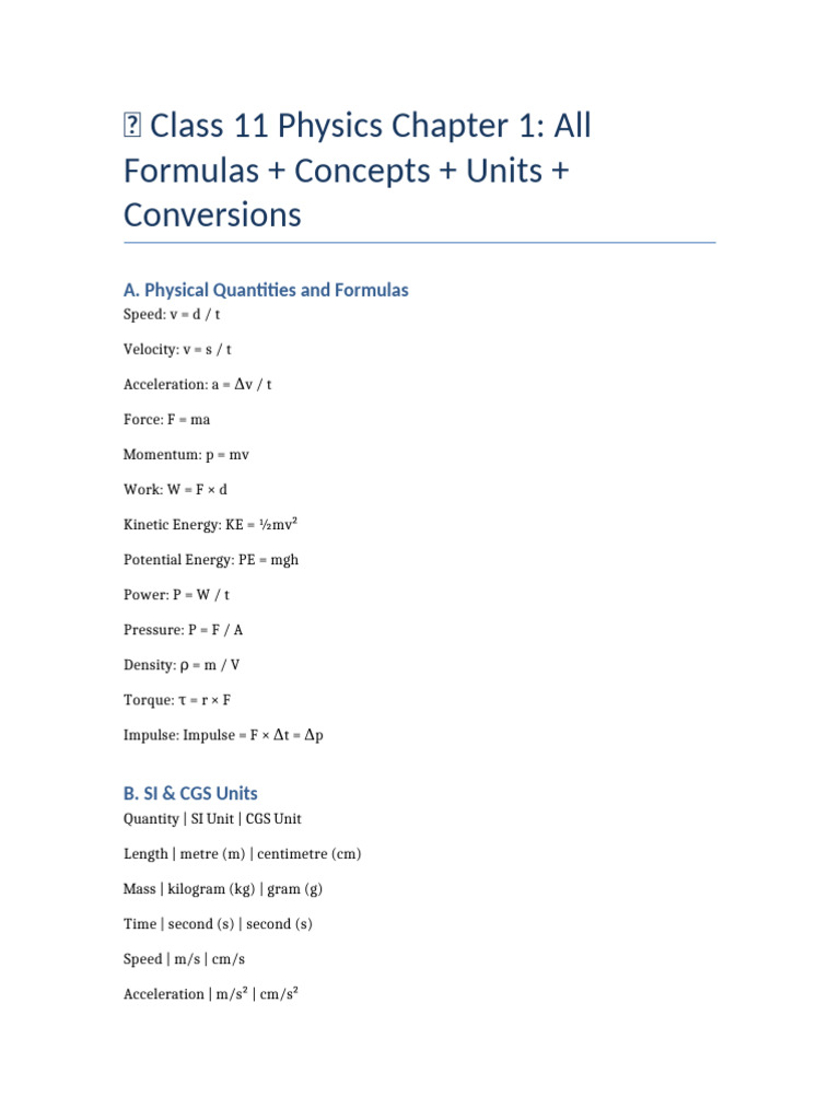 Class 11 Physics Formulas Overview | PDF