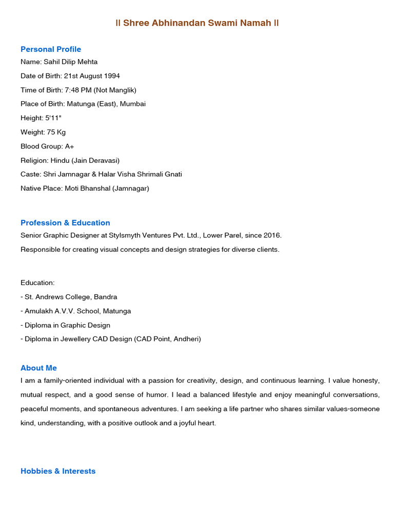 Sahil Mehta Biodata 21st August 1994 | PDF