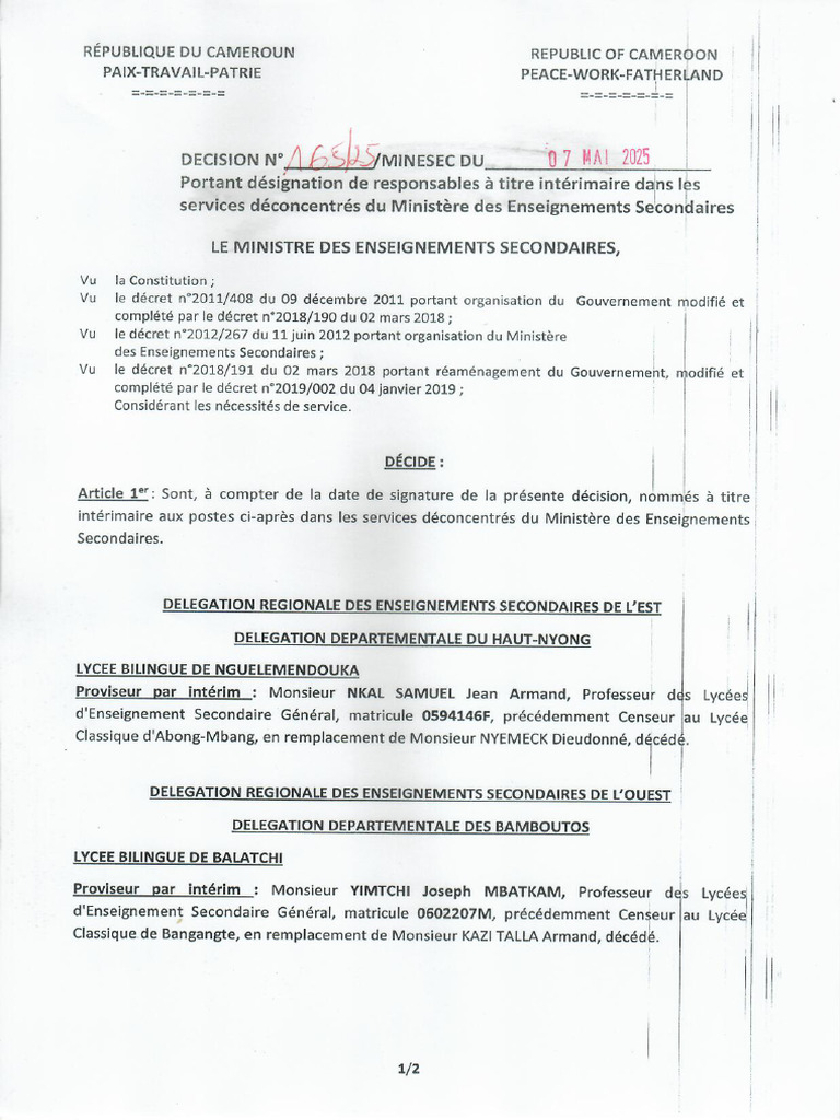 Nomination MINESEC Mai 2025 | PDF