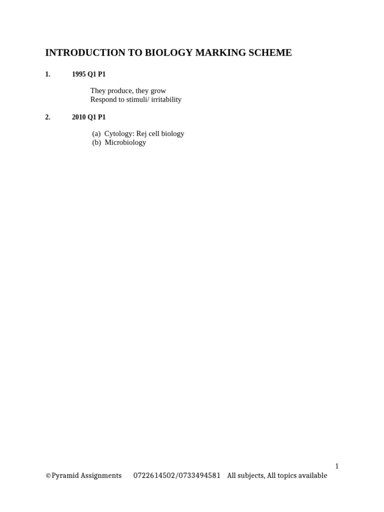 Introduction To Biology Marking Scheme | PDF