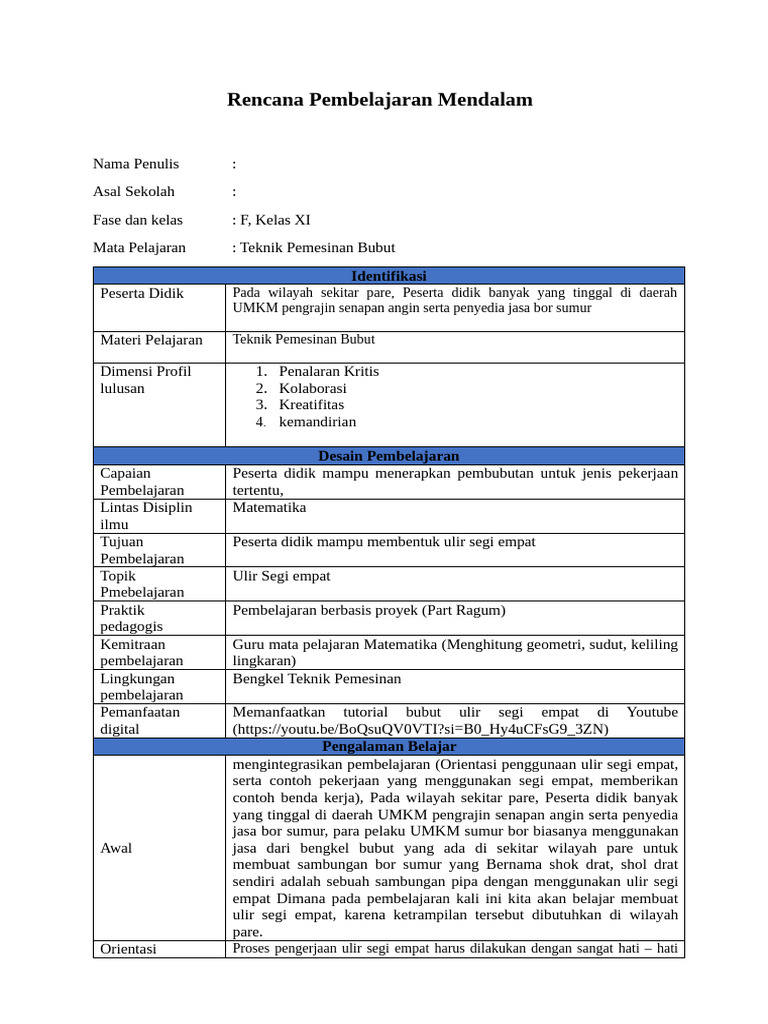 4b. Contoh RPM Ulir Segi Empat | PDF
