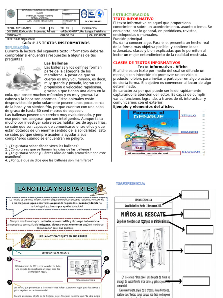 Guía de Lectura: Textos Informativos | PDF | Mamíferos | Zoología