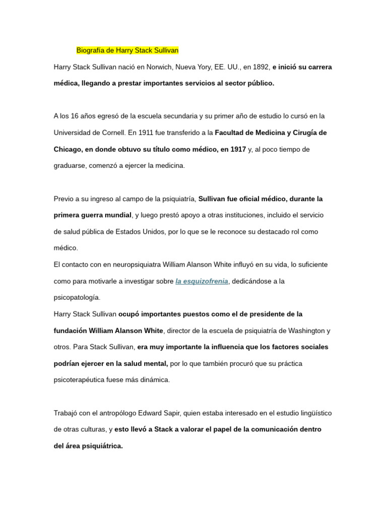 Biografía de Harry Stack Sullivan | PDF | Psicoanálisis | Sicología
