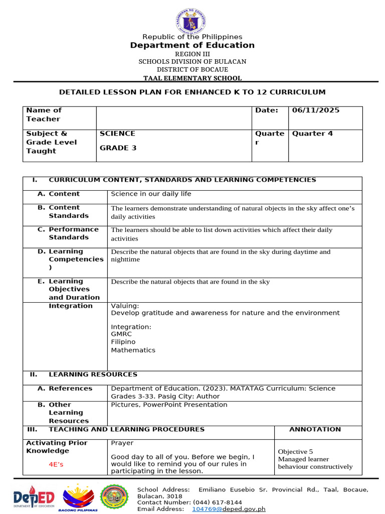 Grade 3 Science Lesson Plan: Sky Objects | PDF | Sky | Learning