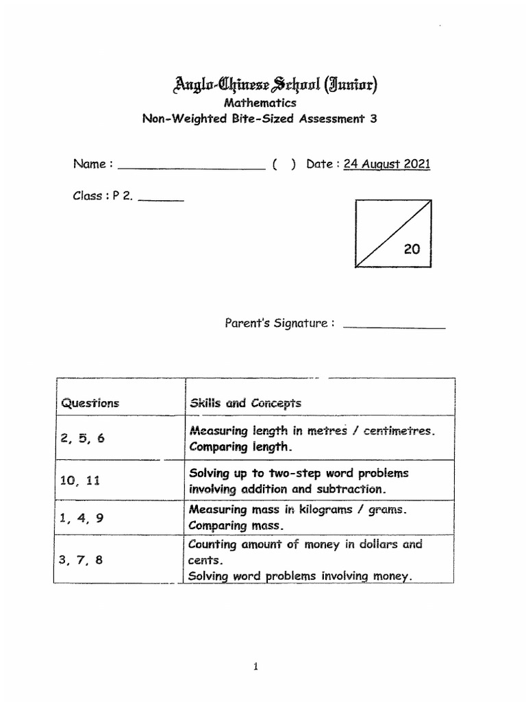 2022 P2 Maths Bite Sized Assessment 3 ACS | PDF