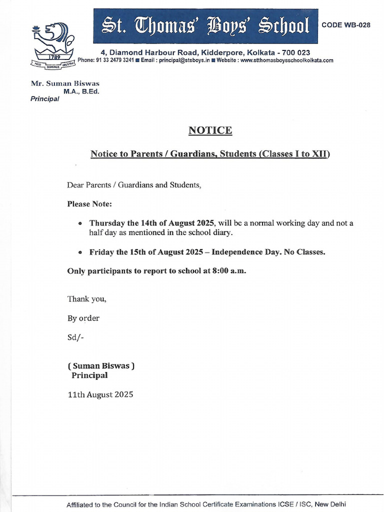 Notice Dated 11.8.2025 Classes I To XII | PDF