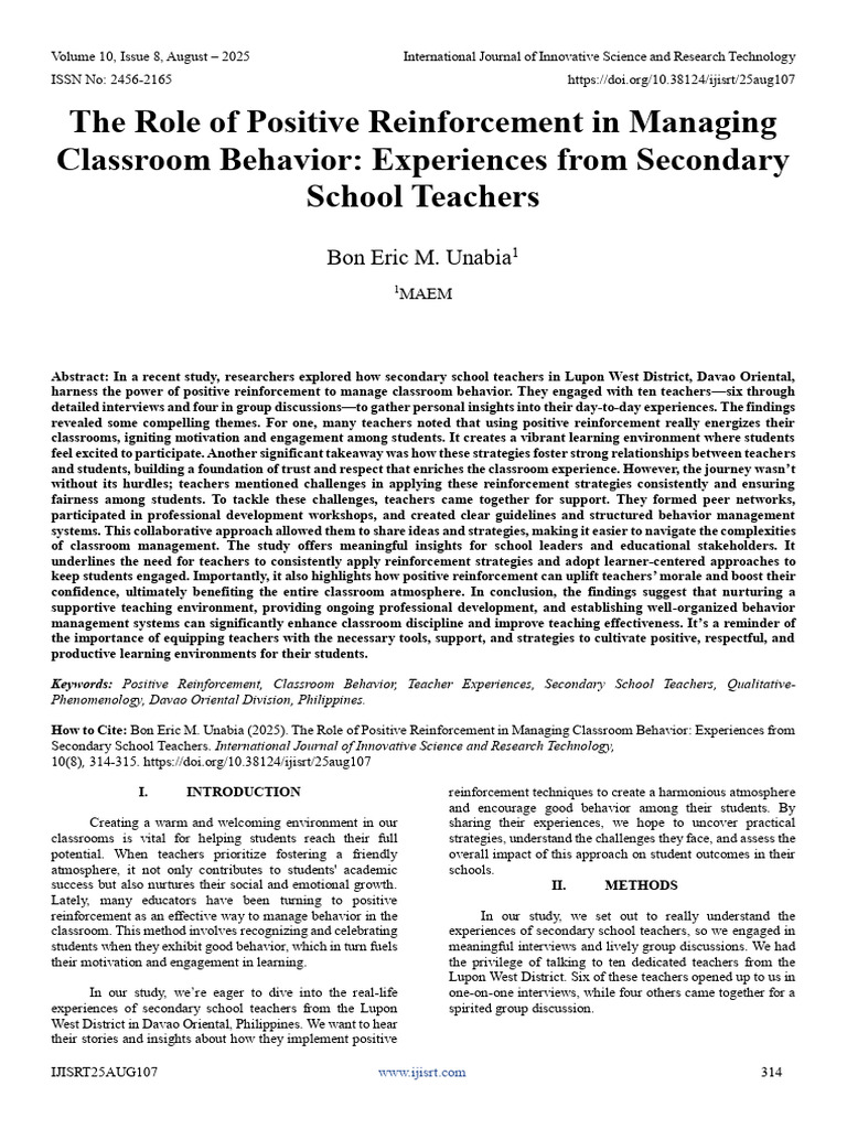 The Role of Positive Reinforcement in Managing Classroom Behavior ...