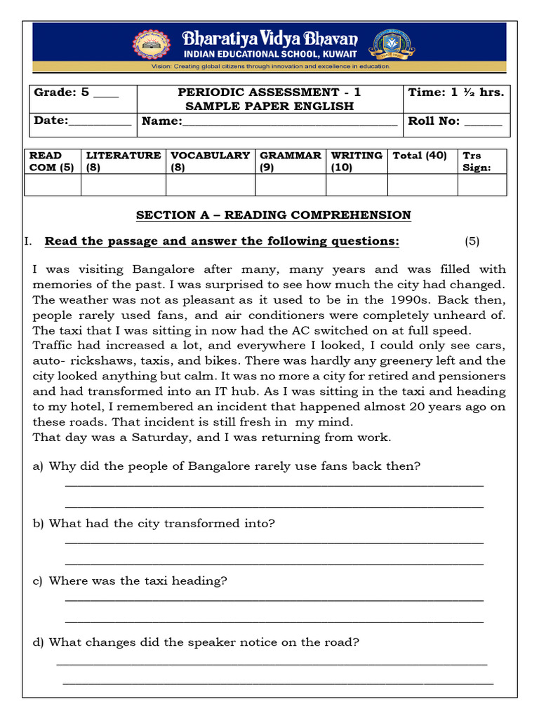 Pa 1 Grade 5 Sample Paper | PDF | Sentence (Linguistics) | Subject ...