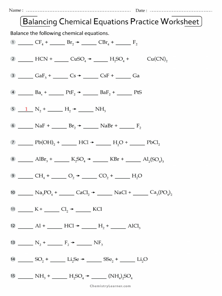 Balancing Equations Practice Worksheet | PDF