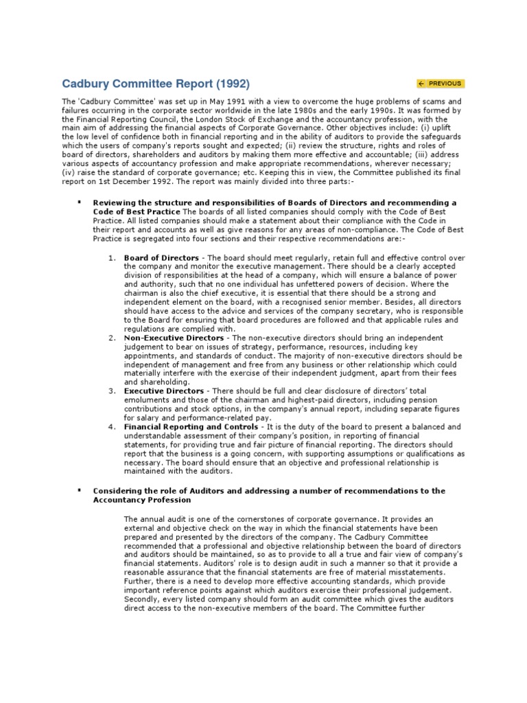 Cadbury Committee Corporate Governance 1992 | PDF | Board Of Directors ...