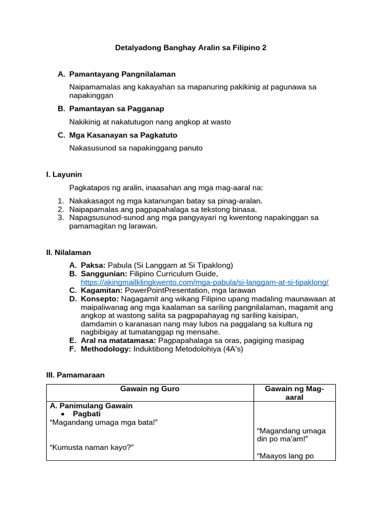 4a's Lesson Plan Filipino 3 (Pabula - Si Langgam at Si Tipaklong) | PDF