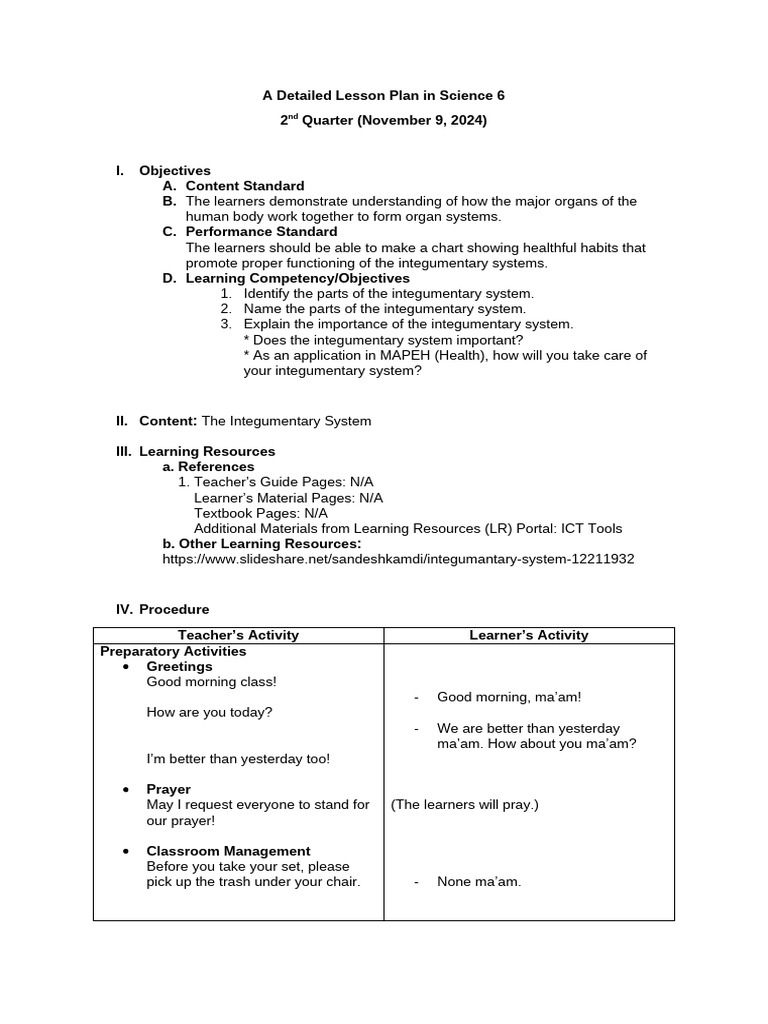 5E's Lesson Plan in Science 6 (Integumentary System) | PDF | Skin ...