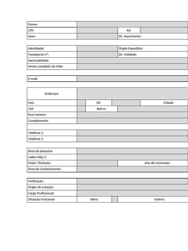 Formulário de Cadastro Pessoal e Profissional | PDF