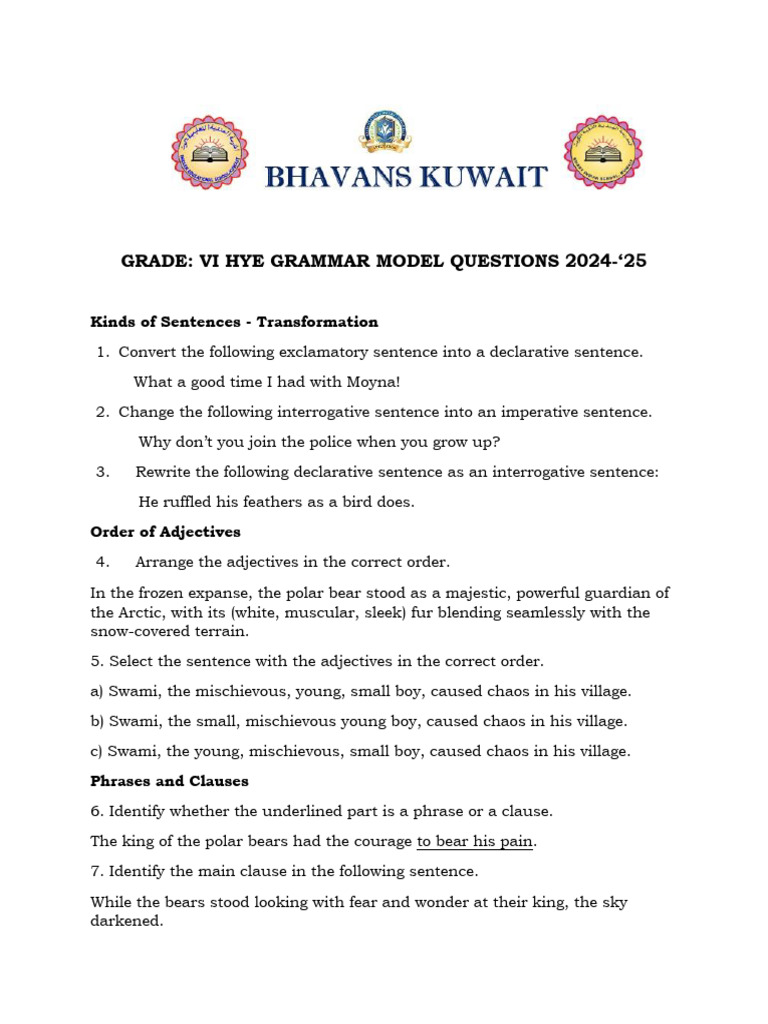 Sample Revision Grammar Qns - Gr.6 | PDF | Sentence (Linguistics) | Clause