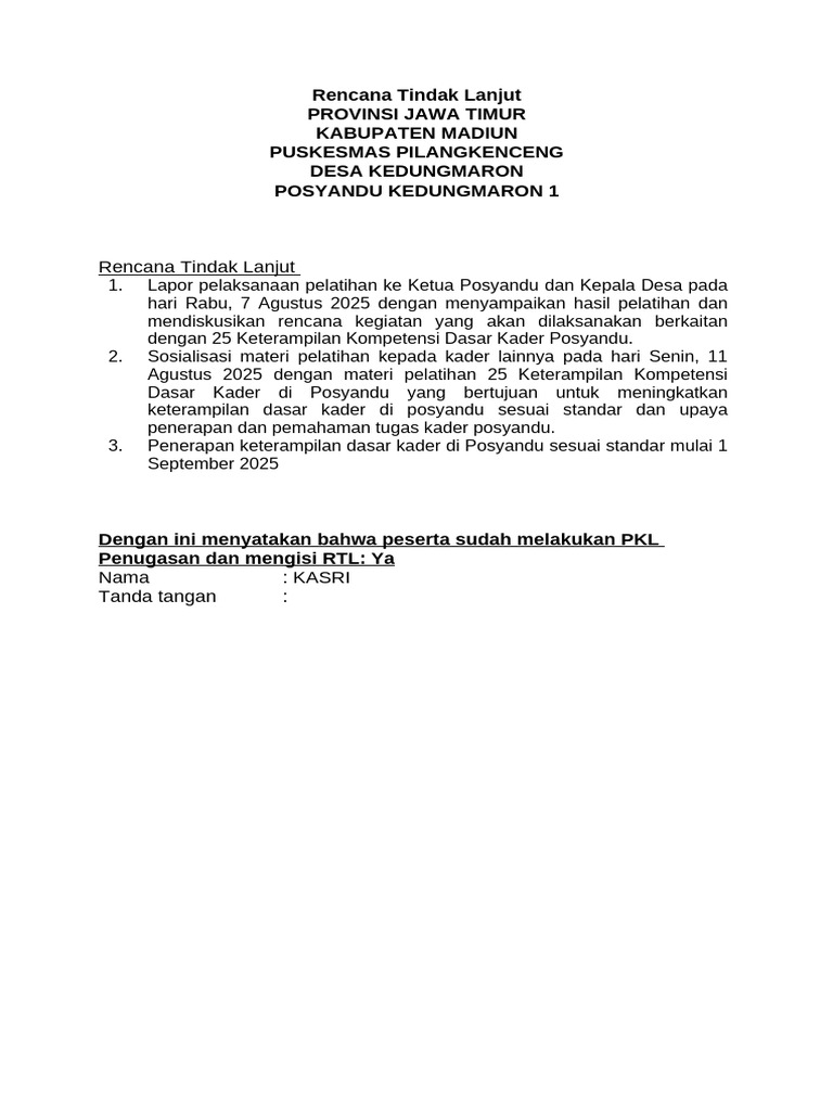 FORMULIR RTL PESERTA KETERAMPILAN DASAR KADER | PDF