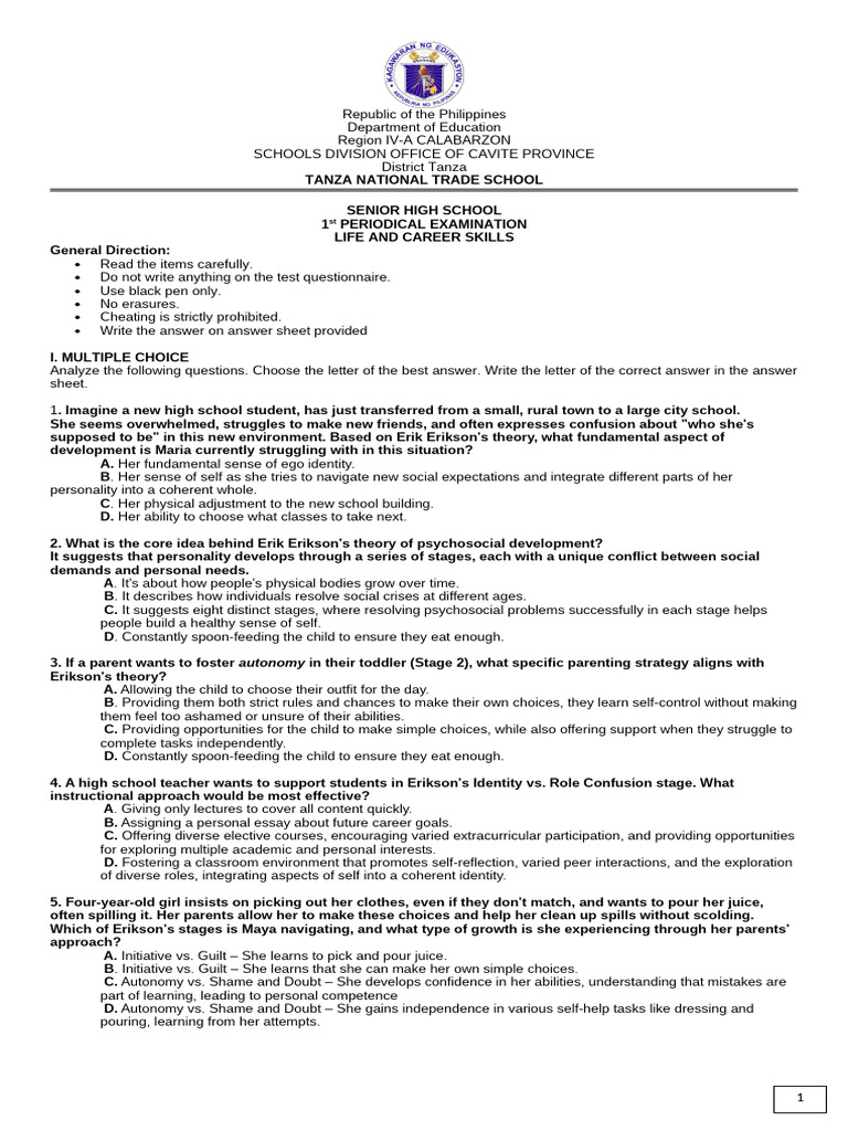 1st Quarter Exam 2025: Life Skills | PDF | Emotional Self Regulation ...