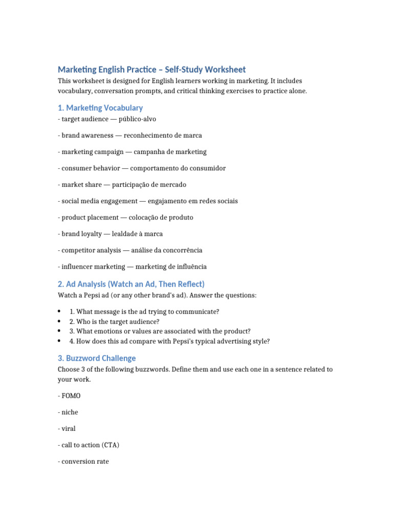 Marketing English Worksheet SelfStudy | PDF