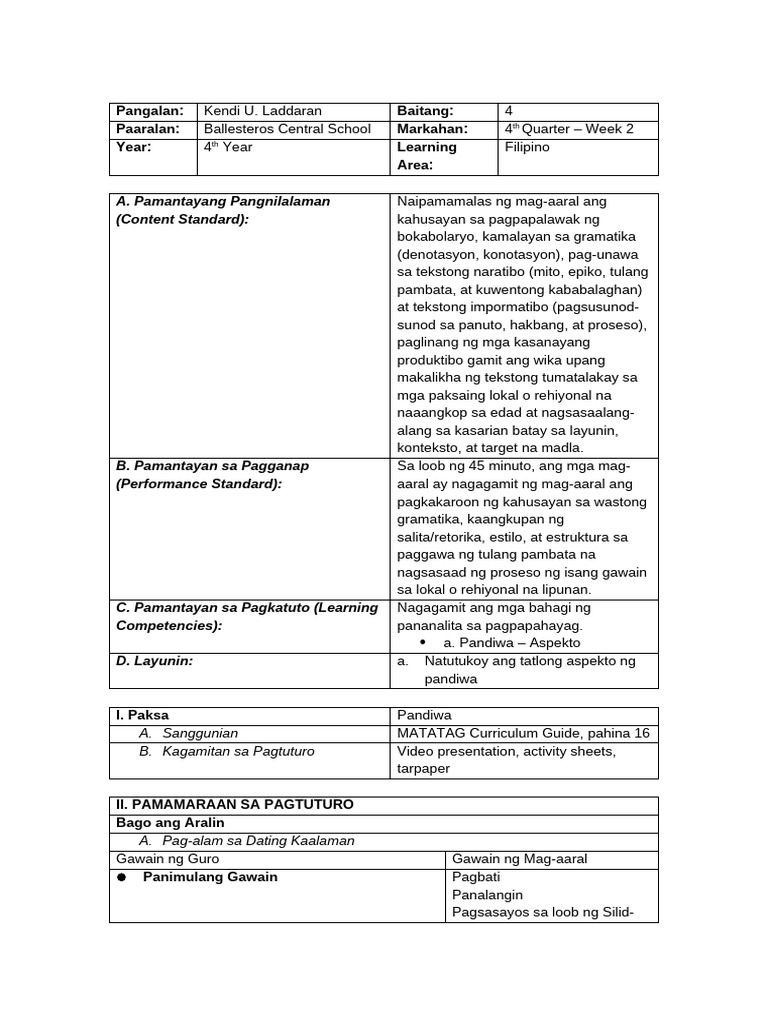 MATATAG Lesson Plan in Filipino 4 (Pandiwa) | PDF