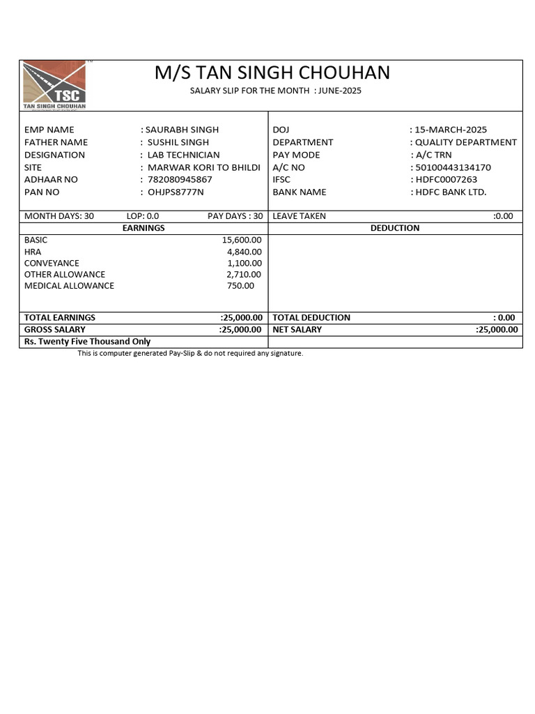 Pay slip JUNE 2025 | PDF