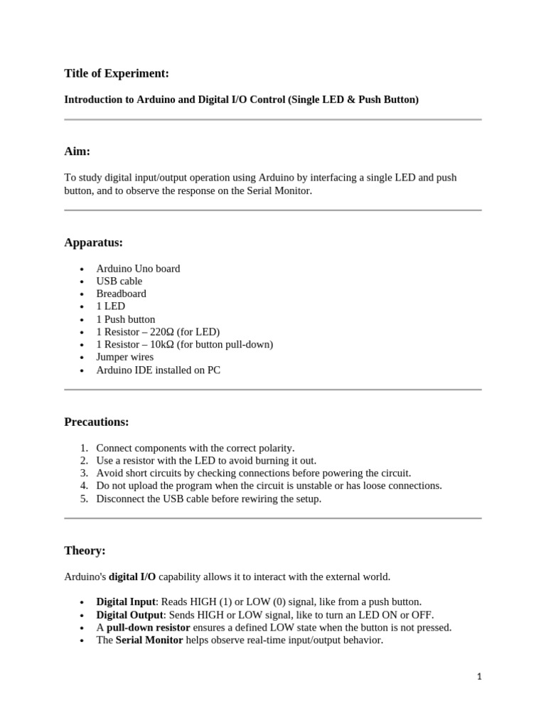 Expt No 01 Introduction to Arduino and Digital I_O Control | PDF | Arduino | Computer Engineering