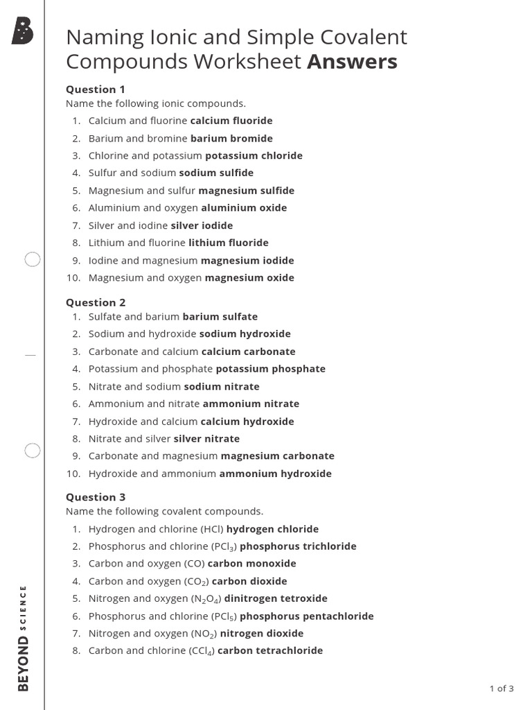Naming Ionic and Simple Covalent Compounds Worksheet - Answers | PDF ...