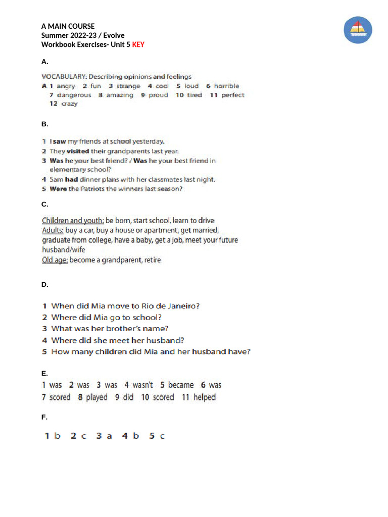 Workbook Exercises Unit 5 KEY | PDF