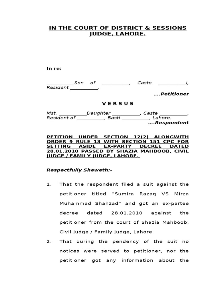 Petition Under Section 12 (2) Along With Order 9 Rule 13 With Section 151 CPC For Setting Aside ...