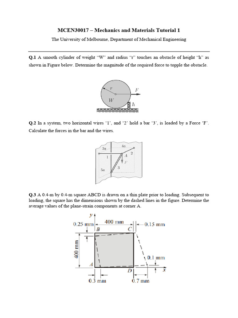 Mech-Tutorial-1 - Questions | PDF | Stress (Mechanics) | Applied And ...
