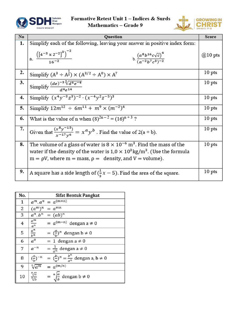 Grade 9 Indices & Surds Practice Test | PDF