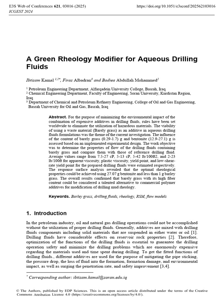 Green Rheology Modifier for Drilling Fluids | PDF | Rheology | Oil Well