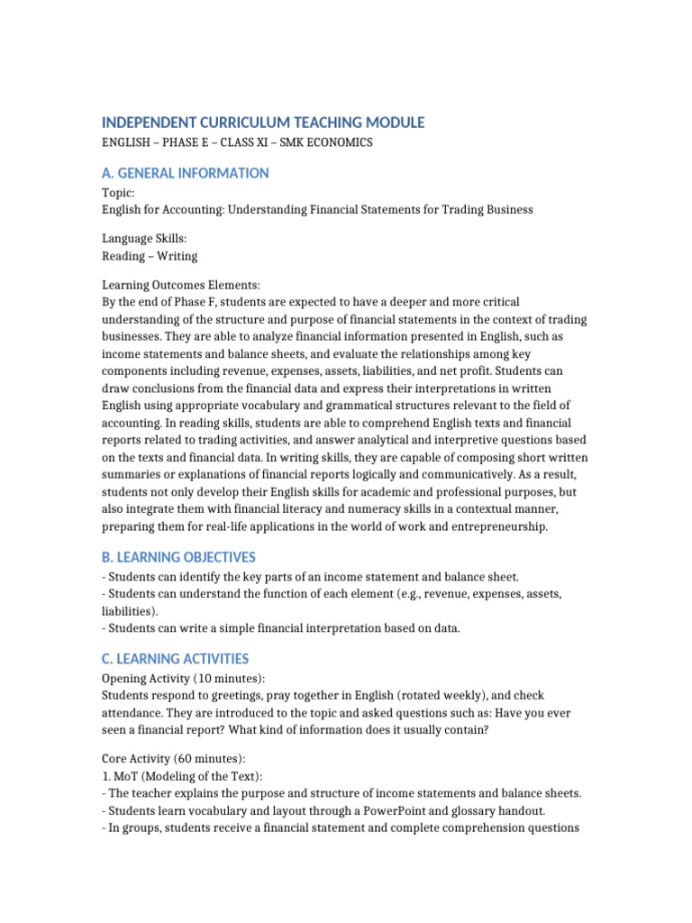 Lesson Plan Accounting Full Module SMK XI Final-2 | PDF | Reading ...