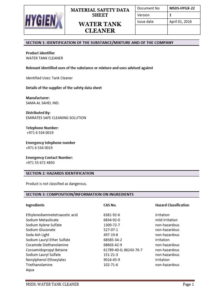 Hygien X MSDS Water Tank Cleaner | PDF | Water | Firefighting