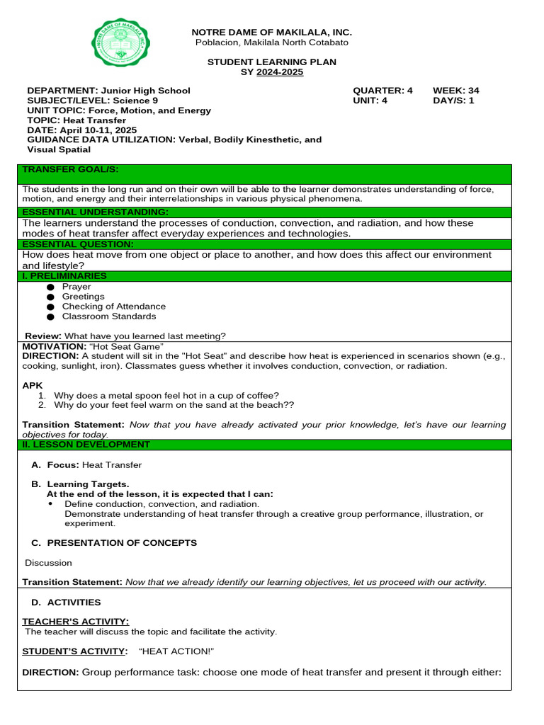 Heat Transfer Lesson Plan for Science 9 | PDF | Heat Transfer | Learning