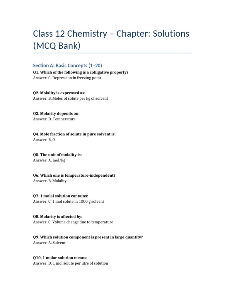 Chapter Solutions MCQ Bank | PDF