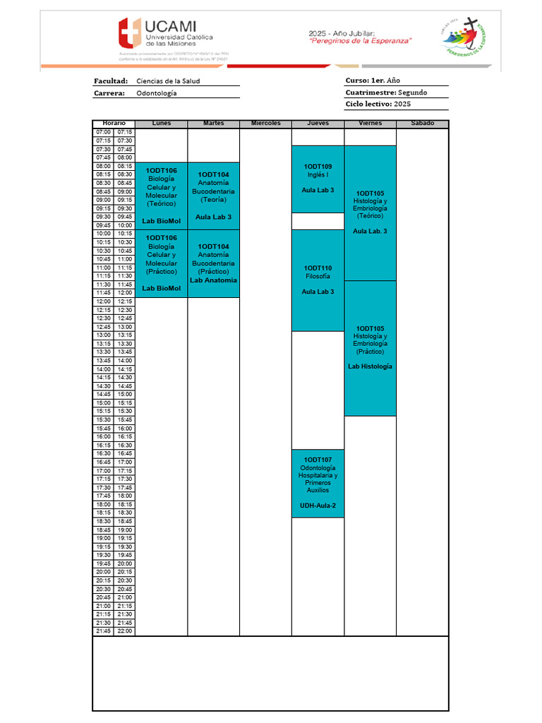 Horarios Odt 2025 2c | PDF | Biología | Anatomía