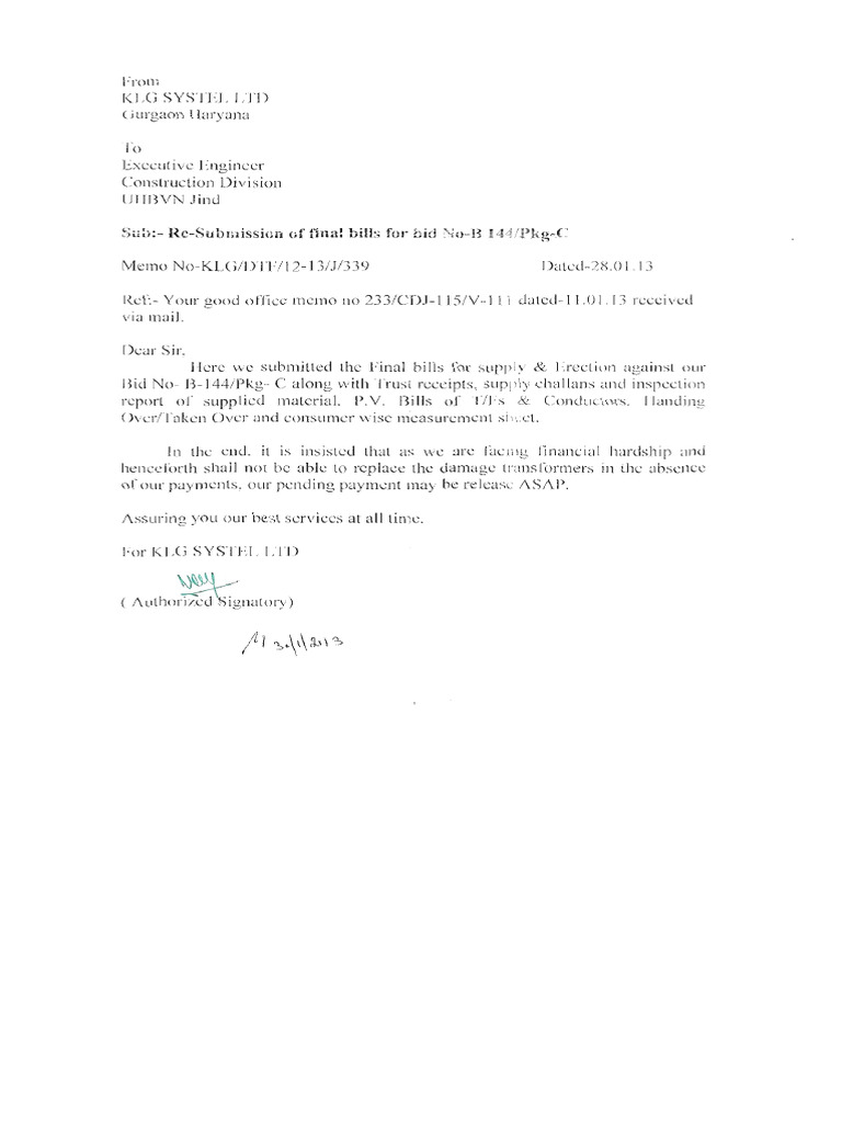 UHBVNL 144 Bill Receiving Letter | PDF