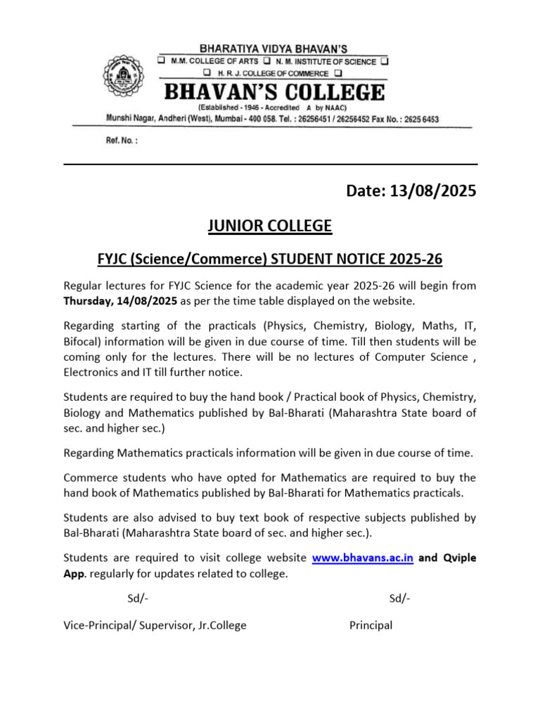 FYJC Science and Commerce Student Notice 2526 | PDF