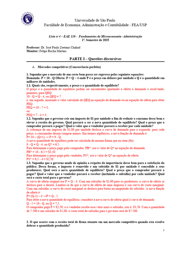 Lista 4 de Exercicios Gabarito | PDF | Monopólio | Custo médio