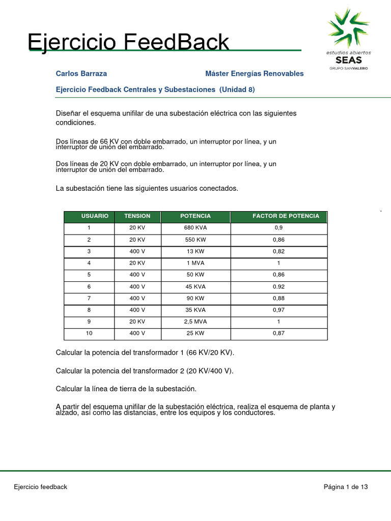 Ejercicio Feedback Centrales y Subestaciones Carlos Barraza | PDF | Transformador | Energia ...