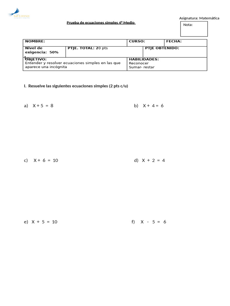 Prueba Matem Ecuaciones | PDF